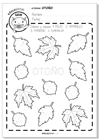 Ficha preescolar otoño - Colorea las hojas según los números ...