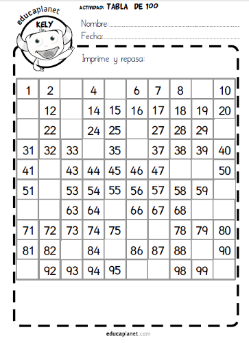 tabla del 100 -fichas GRATIS y ejercicios números EDUCAPLANET APPS