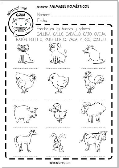 Animales domesticos ficha imprimible infantil gratis EDUCAPLANET APPS