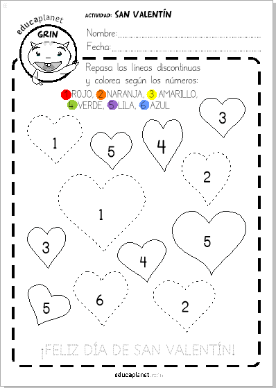 Ficha San Valentin Preescolar colorea con números infantil GRATIS ...